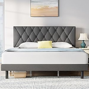 Molblly Full Size Bed Frame with Adjustable Headboard, Linen Fabric Wrap, Strong Frame and Wooden Slats Support, No Box Spring Needed, Non-Slip and Noiseless, Easy Assembly, Dark Grey
