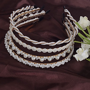 10 PCS Pearls Headband, Rhinestones, Gold Metal Headbands, White Hairbands Leaf Decor Metallic Butterfly Flower Chained Bridal Hair Hoop, Wedding Hair Accessories for Women Girls ¡­