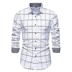 Men's Long Sleeve Striped Dress Shirts Classic Plaid Button Down Shirts Slim Fit Turn-Down Collar Shirt Top (White,Small)
