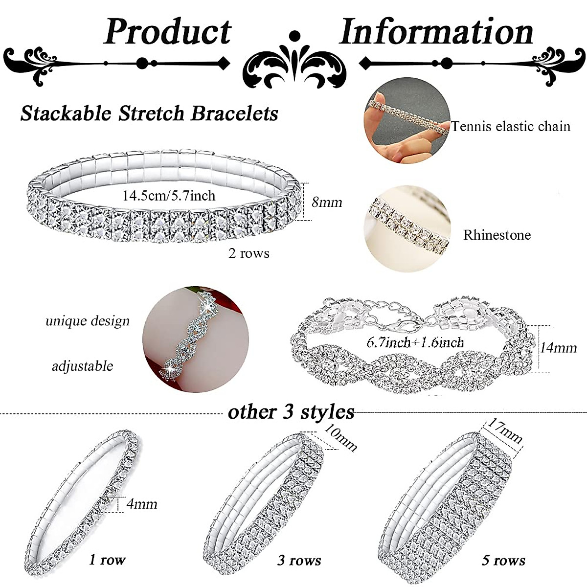 MOZAKA 5Pcs Sparkle Rhinestone Stretch Bracelets Bangle for Women Bling Silver Bridal Wedding Strand Stackable Tennis Bracelet Set