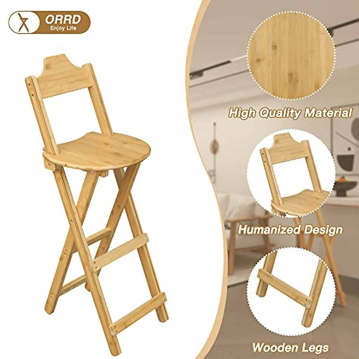 ORRD Bar Stool, Modern Folding Bamboo Counter Height Chair with Backrest and Footrestwith for Home Bar Kitchen Breakfast Island, No Assembly