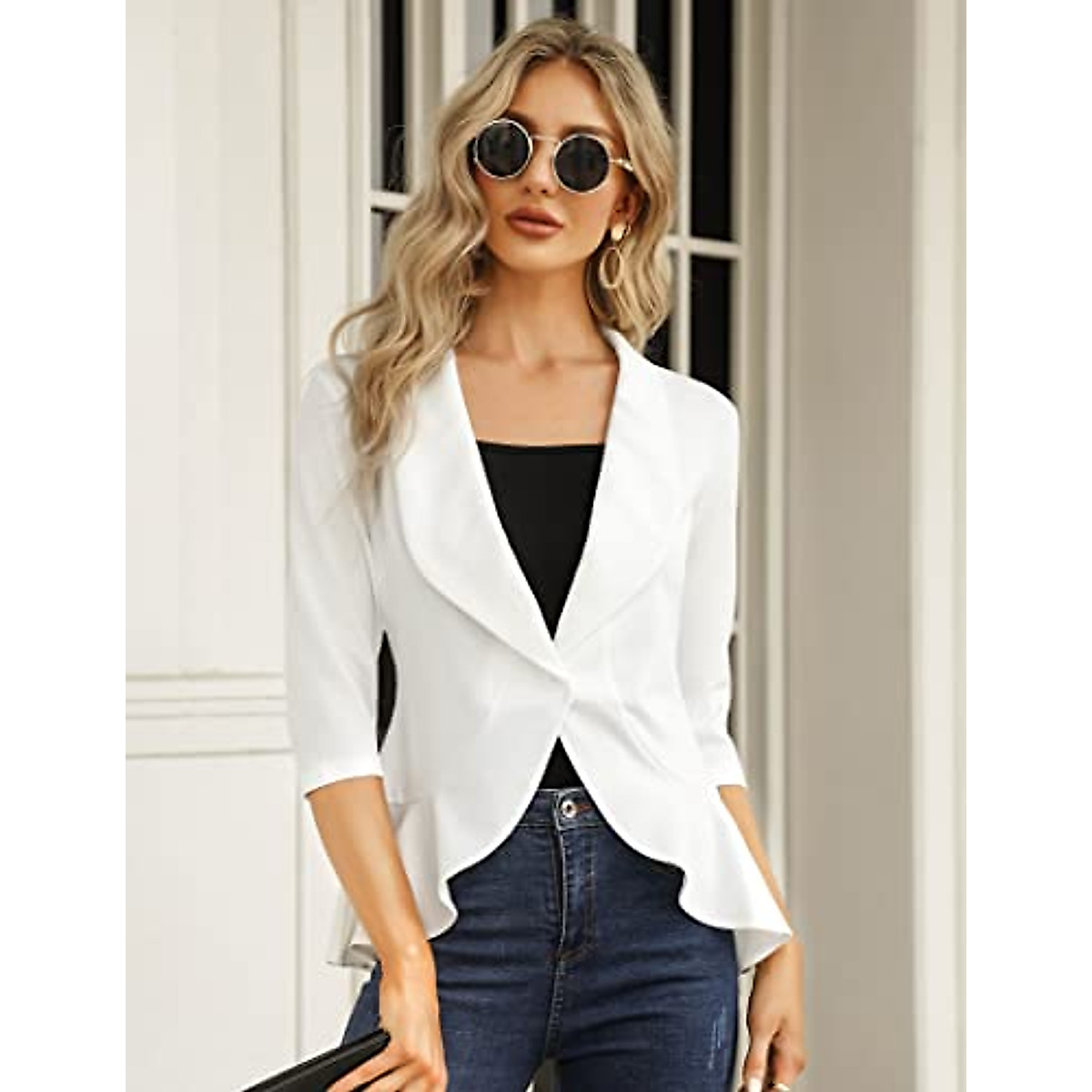 KOJOOIN Womens Casual Blazer 3/4 Sleeve Open Front Ruffle Work Office Cardigan Suit Jacket White XL