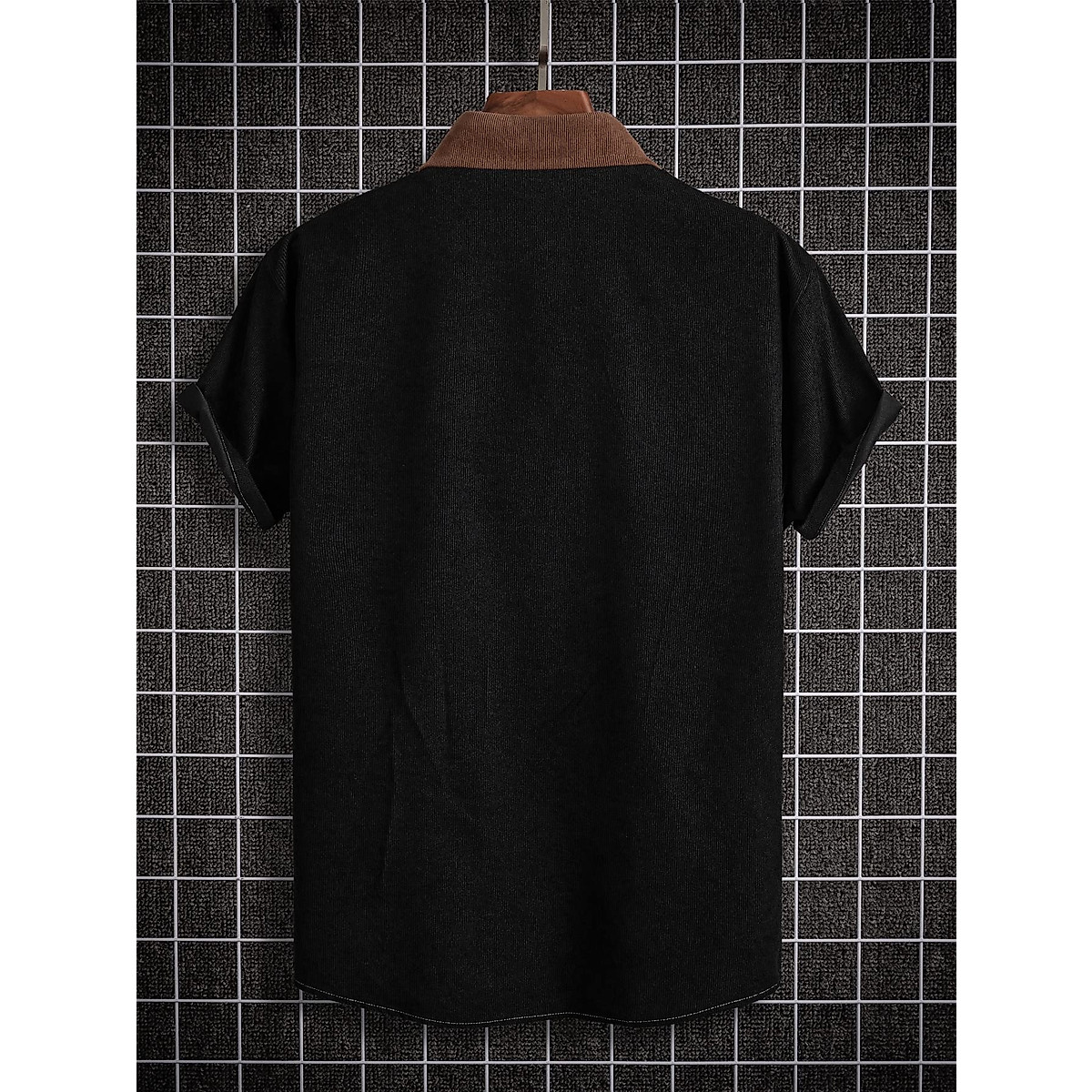 Milumia Men's Casual Button Up Shirt Pocket Short Sleeve Colorblock Blouse Tops Black and Brown Large