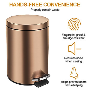 HYZSWGC 2.1 Gallon/ 8 Liter Metal Trash Can with Lid Soft Close, Foot Pedal-Brushed Stainless Steel, Satin Nickel Finish, Removable Inner Waste Basket, Step Trash Bin for Home, Office (Gold)