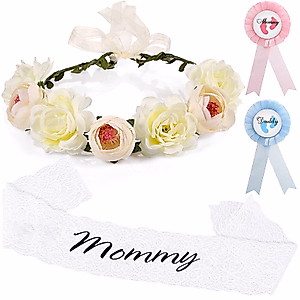 4 Pieces Baby Shower Kits Include Baby Shower Sash, Mommy Daddy Badge Button Pin Kits and Flower Crown for Baby Shower Decoration Gender Reveal Baby Sprinkle Welcome Baby