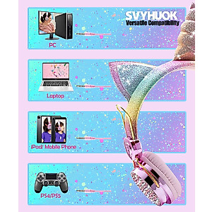 SVYHUOK Girls Pink Unicorn Wired Headphones,Cute Cat Ear Kids Game Headset for Boys Teens Tablet Laptop PC,Over Ear Children Headset withMic,for School Birthday Xmas Gifts