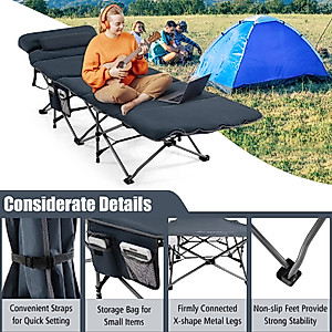 Goplus Camping Cot, Folding Camping Cot with Mattress, Pillow, Carry Bag, Storage Pocket, Camping Bed Military Cot for Home Office Nap Hiking, Heavy-Duty Portable Sleeping Cot for Adults Kids (Blue)