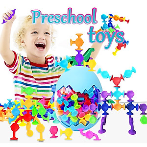 100pcs Suction Bath Toys for Baby Kids, Bath Toy Silicone Construction Building Blocks Montessori Sensory Toy for 3 4 5 6 7 8 Years Old Toddlers Boys Girls with Egg Storage