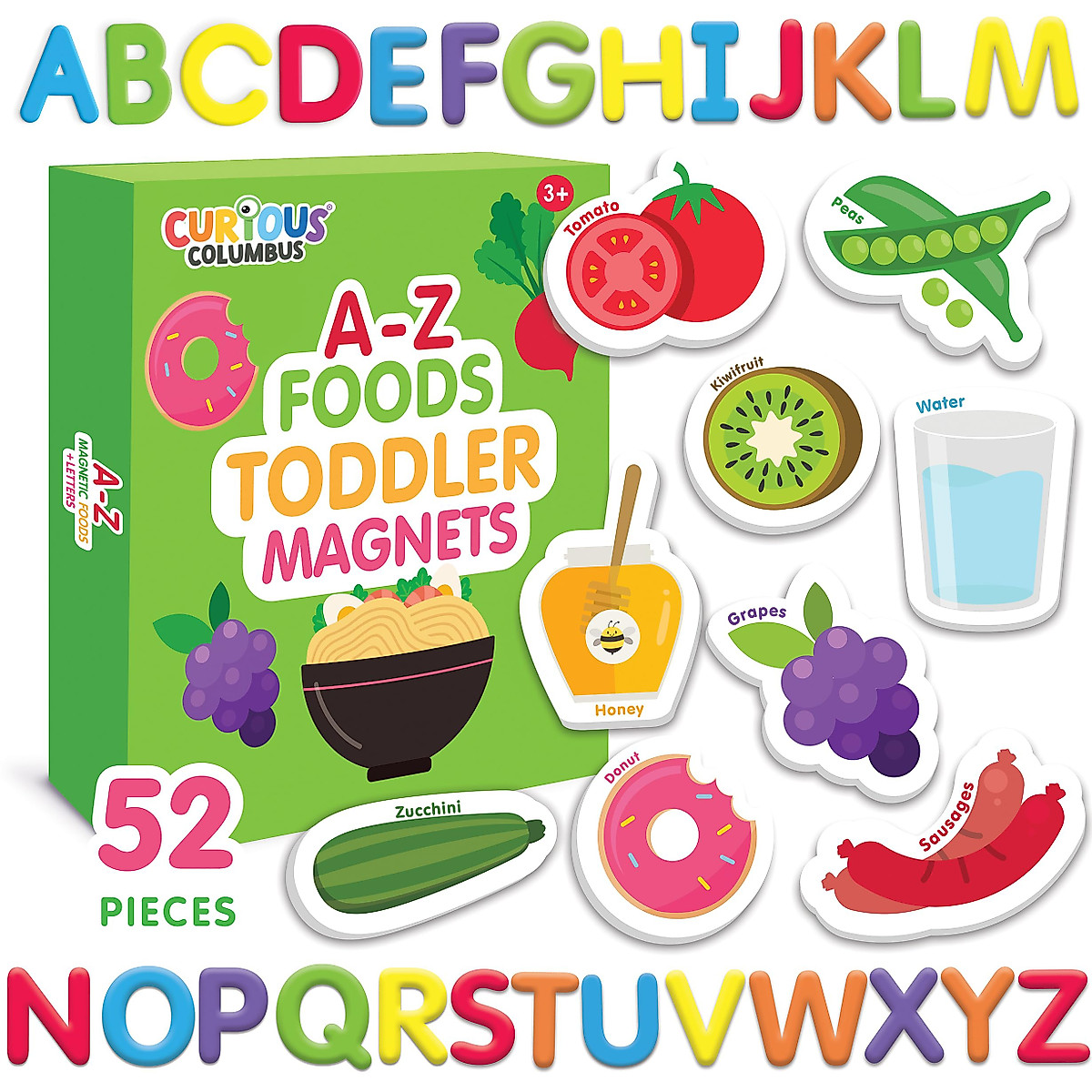Curious Columbus - Fridge Magnets for Toddlers - Learning Magnets for Toddlers - Set of 52 Toddler Magnets - 26 Big Foam Food Magnets + 26 ABC Alphabet Magnets - Fun Refrigerator Magnets for Kids