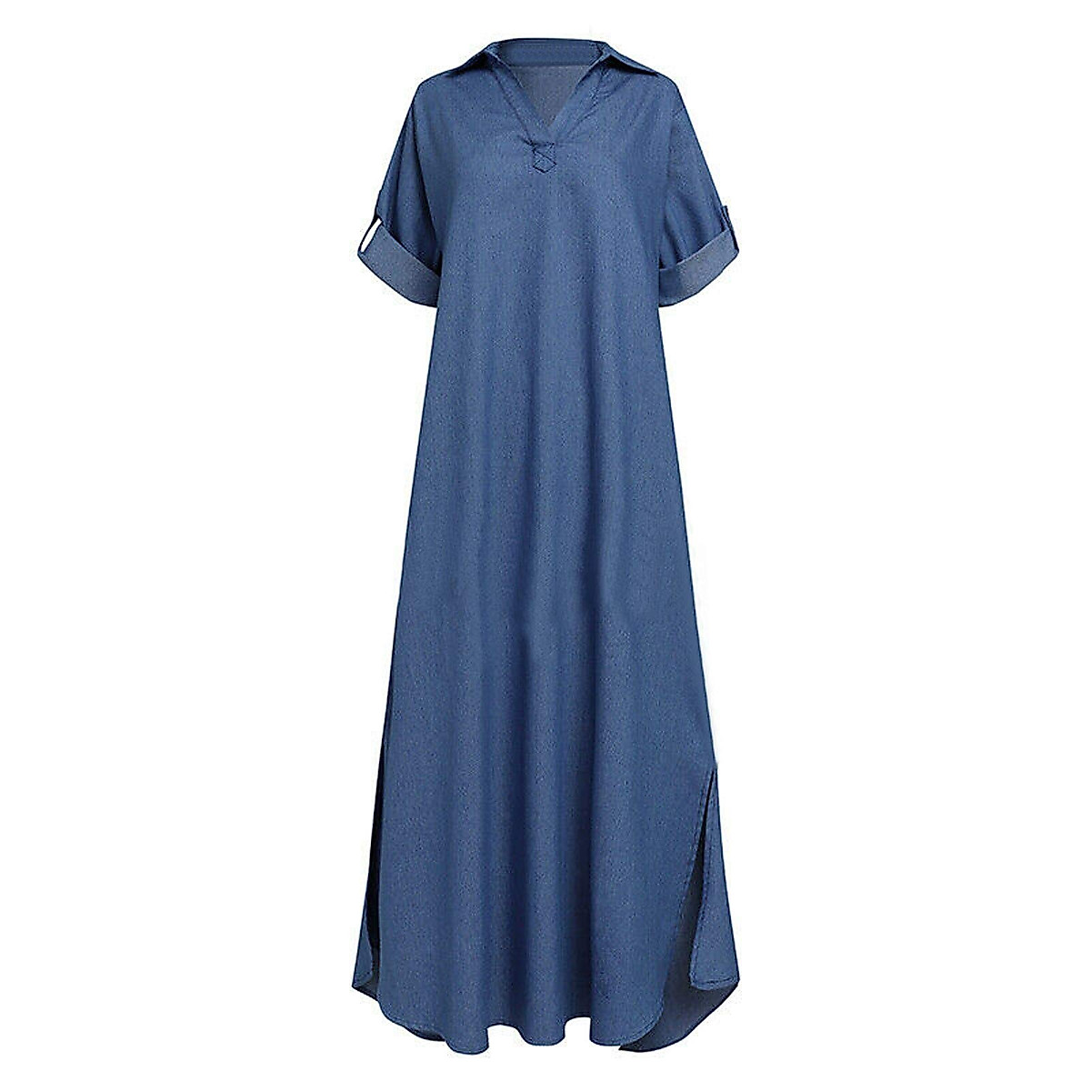 Denim Dresses for Women Long Maxi Dress Casual Denim Dress V-Neck Roll Sleeve Button Loose Summer Dress Plus Size