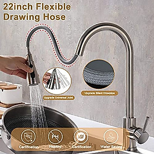 Upgrade Pull Down Kitchen Sink Faucet - Single Handle Kitchen Faucet with Sprayer,Commercial Low Lead High Arc with Deck Plate,Stainless Steel Brushed Nickel