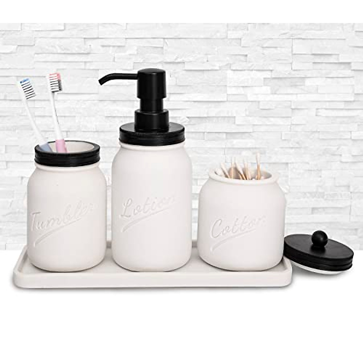 Bathroom Accessory Set,Mason Jar Bathroom Accessory Set, 4 Pcs Bathroom Accessory Set, White Quartz Sand, Include Lotion Dispenser &Tumbler& Cotton Jar&Tray