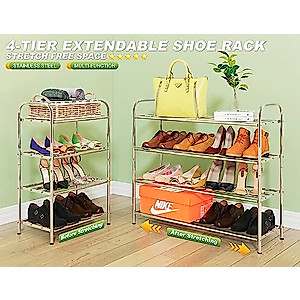 SKIKEN 4-Tier Expandable Shoe Rack, 100% Stainless Steel,4-Rod Extendable and Adjustable Feet, Simple Stretchable Shoe Shelf, Small Space Shoe Rack for Entryway, Stair Sides, Closet