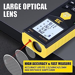 B BOSI TOOLS Laser Measurement Tool, High Accuracy 328FT Digital Laser Measure Distance Meter, Unit Switching with Backlit LCD and Bubble Level Hand Strap Battery for Area Volume Measurement M/in/Ft