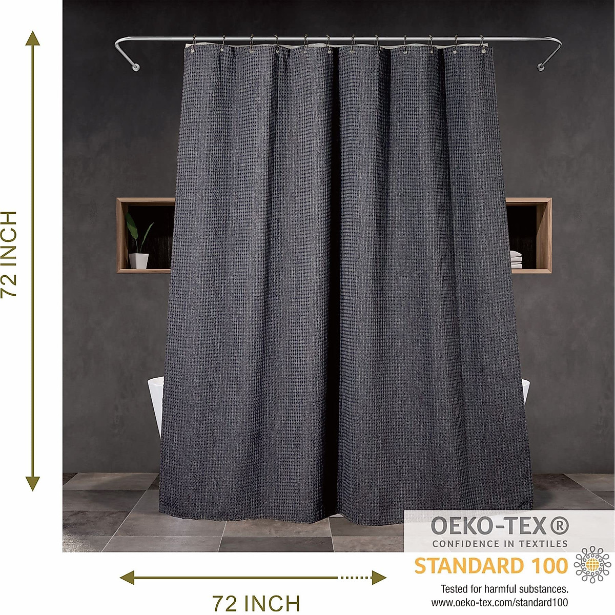 Popkozzi Grey Waffle Shower Curtain & Black Diamond Hooks - 72x72 Waterproof Washable Heavy Duty Fabric Shower Curtain - 12 PCS Rust Proof Metal Shower Curtain Rings (2 Item Bundle)