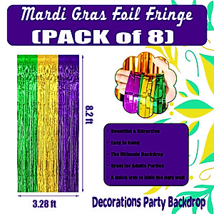 8 Pack Mardi Gras Tinsel Foil Fringe Curtain Backdrop, 3.28Ft x 8.2Ft Gold Green Purple Metallic Streamers for Photo Booth Birthday Wedding Bridal Shower Bachelorette Party Valentine's Day Decoration