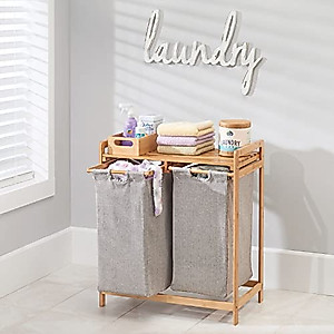mDesign Freestanding Bamboo 2 Section Double Laundry Organizer Hamper with Removable Storage Sorter Bags, Space-Saving Basket Duo with Handles for Clothes/Linens - Echo Collection - Natural/Tan