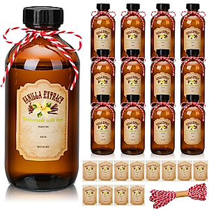 Uiifan 12 Pack 8 Ounce Amber Glass Bottle Boston Round Bottles with Caps Brown Vanilla Extract Bottles and 12 Pcs Vanilla Extract Stickers for Syrup Gift Glass Food Storage Canister Set Sauce Beans