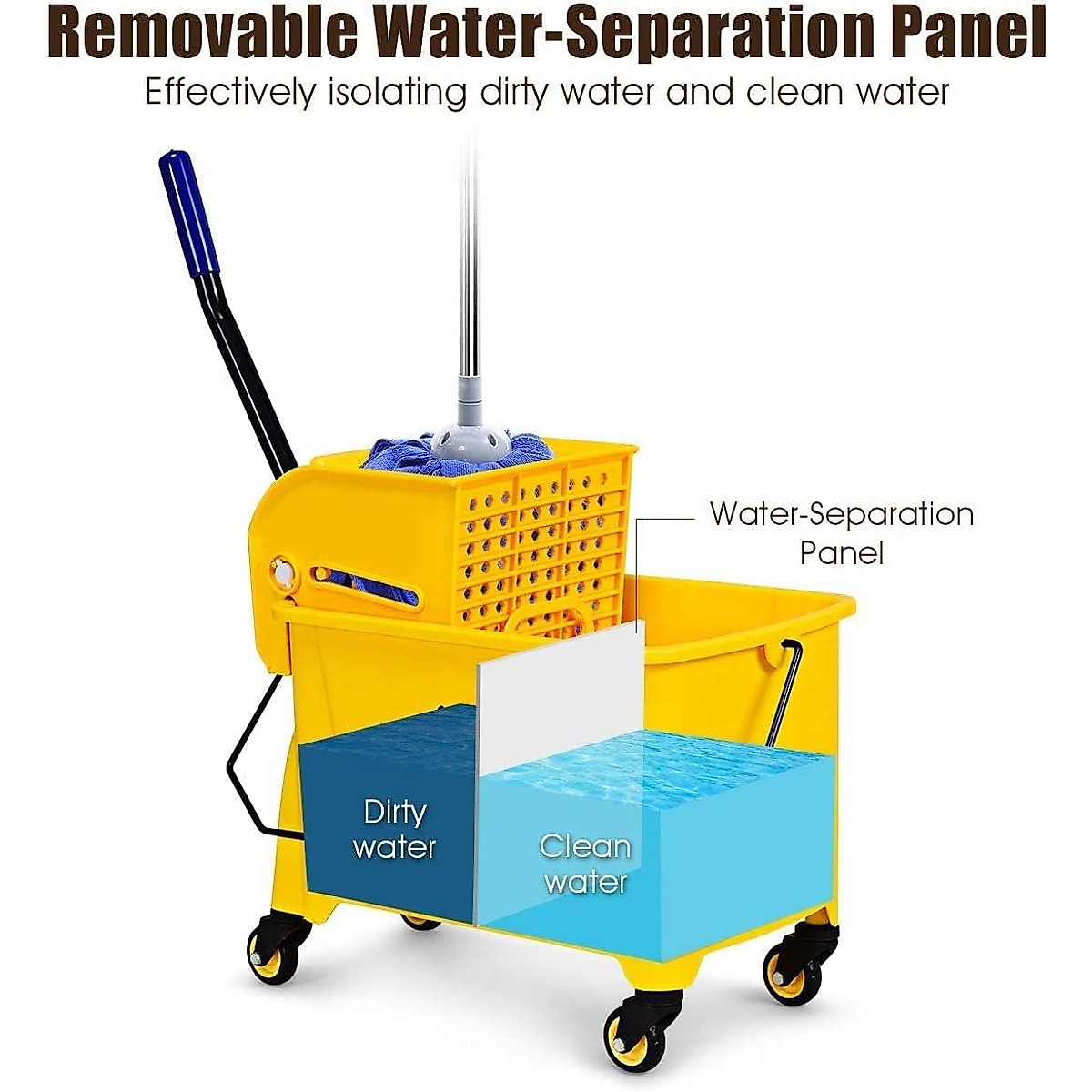 Byroce Commercial Mop Bucket on Wheels, Portable Mop Bucket with Side Press Wringer & Handle, Ideal for Household, Industrial Floor Cleaning, 21 Quar