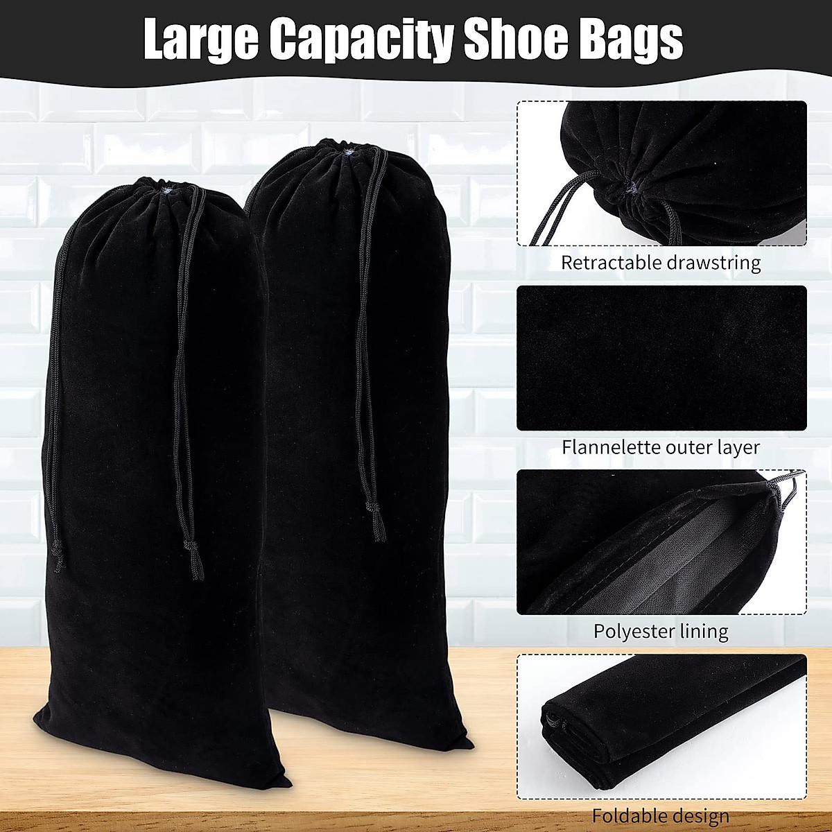 12 Pcs Shoe Bags for Travel Shoe Dust Bags Black Duster Flannel Shoe Pouch Washable Shoe Covers with Drawstring Breathable for Home Luggage, 8 x 17 Inch