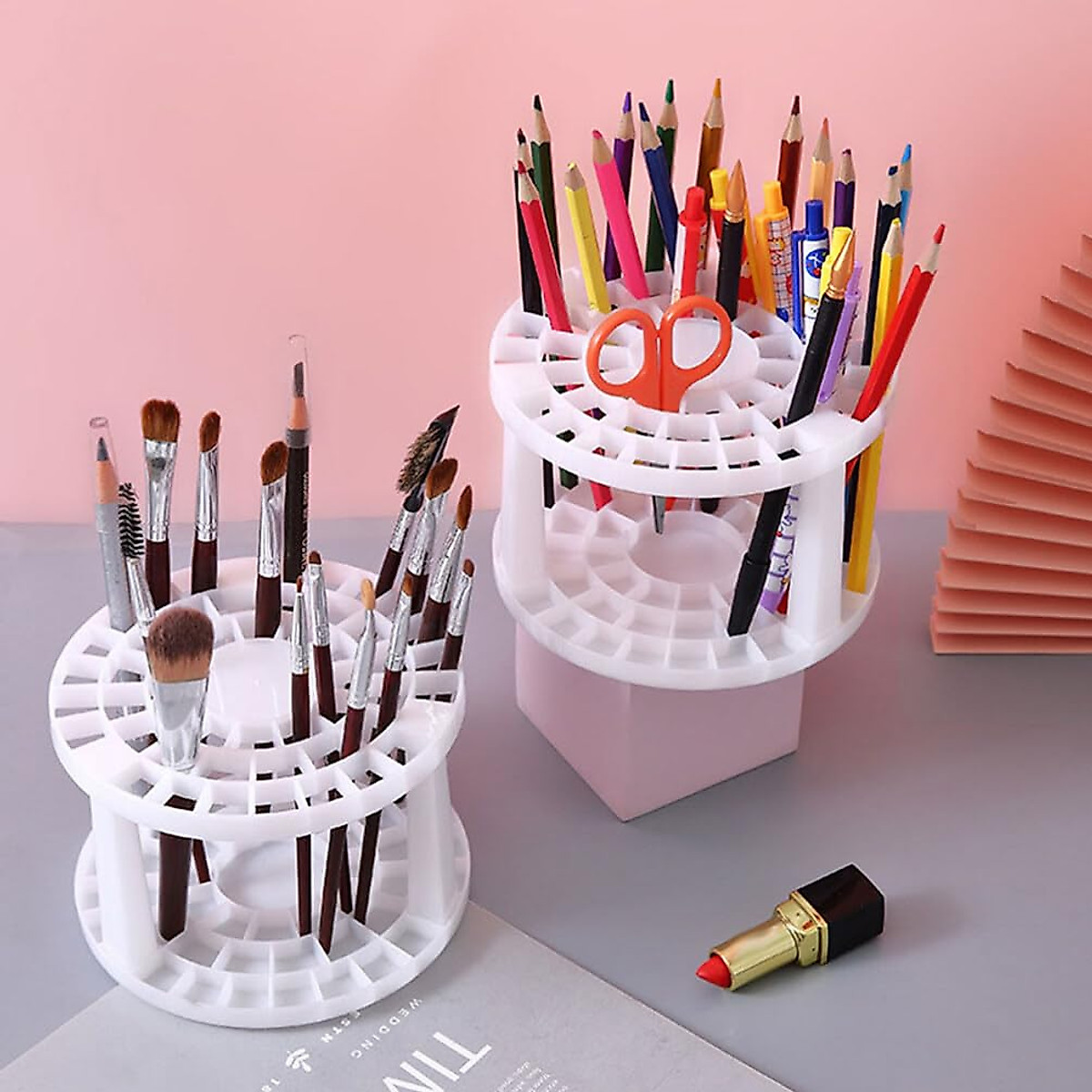 Tofficu 2pcs Paint Brush Holder Multi-hole Makeup Organizer Pencil Brush Stand Storage Rack for Home School Office Supplies White