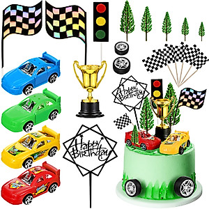 Yulejo 38 Pcs Racing Car Cake Decoration with Race Car Cake Topper Wheel Checkered Racing Flag Cupcake Topper Black Birthday Cake Topper Race Car Birthday Party Supplies Car Themed Party Favor for Kid