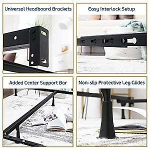 Clara Clark Adjustable Bed Rails - Metal Adjustable Bed Frame with Bed Center Support Leg - 5.25” H Low Bed Frame - Expands from Twin Size Bed Frame to Full Bed Frame, Metal Queen Bed Frame, Black