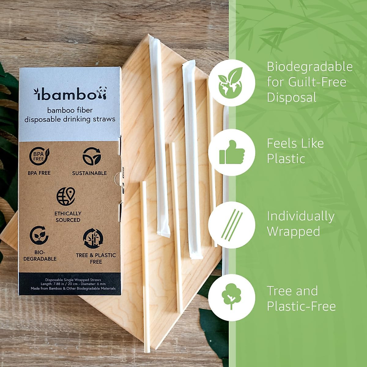 Ibambo 250 Pack Disposable Bamboo Powder Straws - 7.88" Compostable Single Wrapped Drinking Straws | Durable Disposable Straws for Hot & Cold Drinks | Biodegradable Straws for Commercial or Home Use