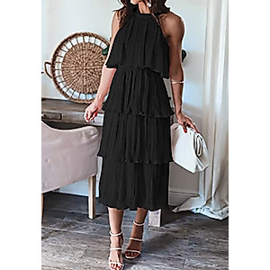 ZESICA Women's 2023 Summer Sleeveless Halter Neck Ruffle Tiered Layed Chiffon Flowy Swing Long Midi Dress,DarkBlack,Large