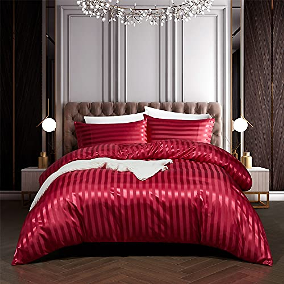 RevenRella 3 Piece Satin Duvet Cover Set Bedding Sets Italian Style 1800 Series Luxury Rich Silk Silky Super Soft Stripes Hidden Zipper Closure Reversible Wrinkle Free Honeymoon(Burgundy, King)