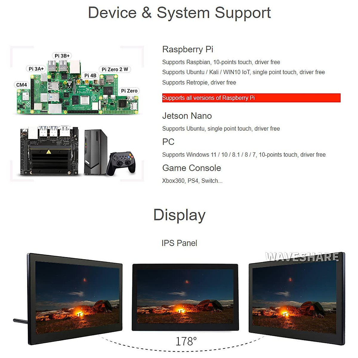 waveshare 13.3inch Capacitive Touch Screen LCD V1, with Case and Toughened Glass Cover, 1920×1080, HDMI, IPS,