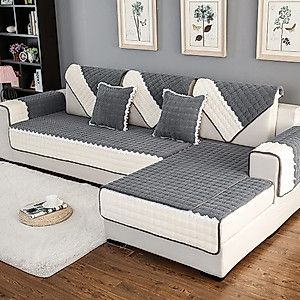 vctops Soft Corduroy Sofa Couch Cover, Plaid Sectional Couch Covers, Non-Slip Sofa Slipcover for Dogs Cats Kids(Dark Grey,36"x63")