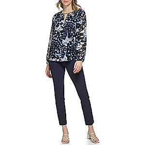 Calvin Klein Women's Essential Shirred Front Longsleeve Printed Blouse, TWILGHT Blue/Black, Medium
