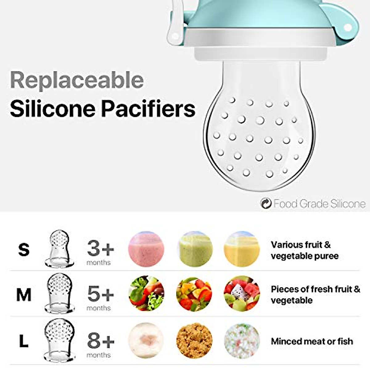 Baby Food Feeder Fruit Feeder Pacifier (2 Pack) with 3 Different Sized Silicone Pacifiers, Mash and Serve Bowl with 4 Baby Spoons Silicone Soft-Tip Infant Spoon, Baby First Stage Feeding Set by MICHEF