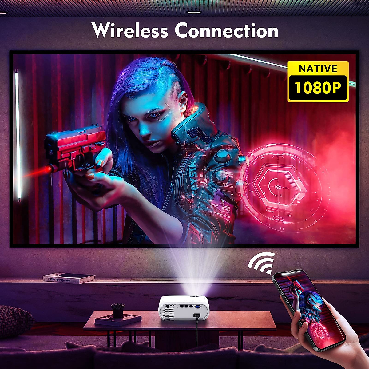 Cibest WiFi Projector Native 1080p, 8000L Movie Projector with High Contrast of 9000:1, Home Projector, Phone Projector, Compatible with iPhone, Android, TV Stick, etc. Projector Screen Included