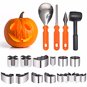 AHCSMRE 16Pcs Pumpkin Carving Kit Halloween Pumpkin Carving Tools Set,Heavy Duty Stainless Steel Carving Stencils with Hammer,Safe and Professional Pumpkin Carving Tool for Kids and Adults