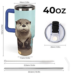 LLUTSNTH 40 Oz Vacuum Tumbler with Deep Blue Handle Leakproof Insulated Tumbler Cute Otter Stainless Steel Travel Mug with Lid And Straw Coffee Cup Cute Water Bottles Cup Holder Friendly