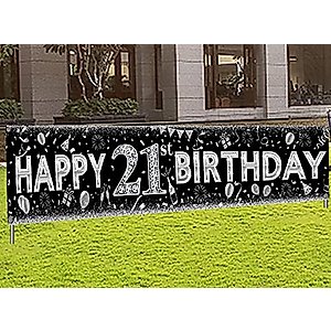 21st Birthday Decorations Yard Sign Banner Black Sliver Large Indoor Outdoor Happy Birthday Banner for Finally Legal Men Or Women Party Supplies