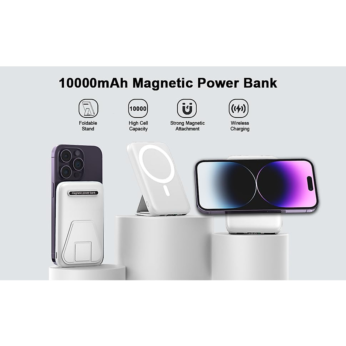 DLNIA 2024 Upgraded Version Fast Charging Magnetic Battery (Mag-Safe), 10,000mAh Foldable Magnetic Wireless Portable Charger Power Bank with Type-C Cable for iPhone 15/14/13/12/Mini/Pro Max