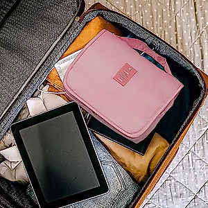 Aosivm Hanging toiletry bag for Women,makeup travel bag,with Jewelry Organizer Compartment,Large Cosmetic Bag Travel Organizer for Bathroom Shower Accessories (pink, Large)