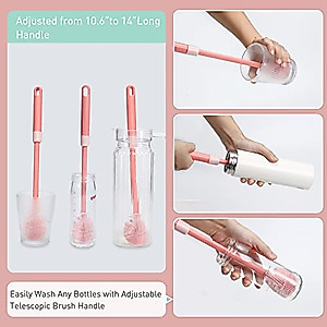 Baby Bottle Brush, VOOWO Telescopic Silicone Bottle Brush for Cleaning with Long Handle, Water Bottle Cleaner Brush with Nipple & Straw Cleaner, Included Towel (Pink Telescopic Brush & Stand)