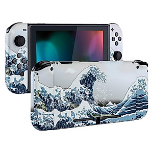 eXtremeRate DIY Replacement Shell Buttons for Nintendo Switch, Soft Touch Back Plate for Switch Console, Custom Housing Case with Full Set Buttons for Joycon Handheld Controller - The Great Wave