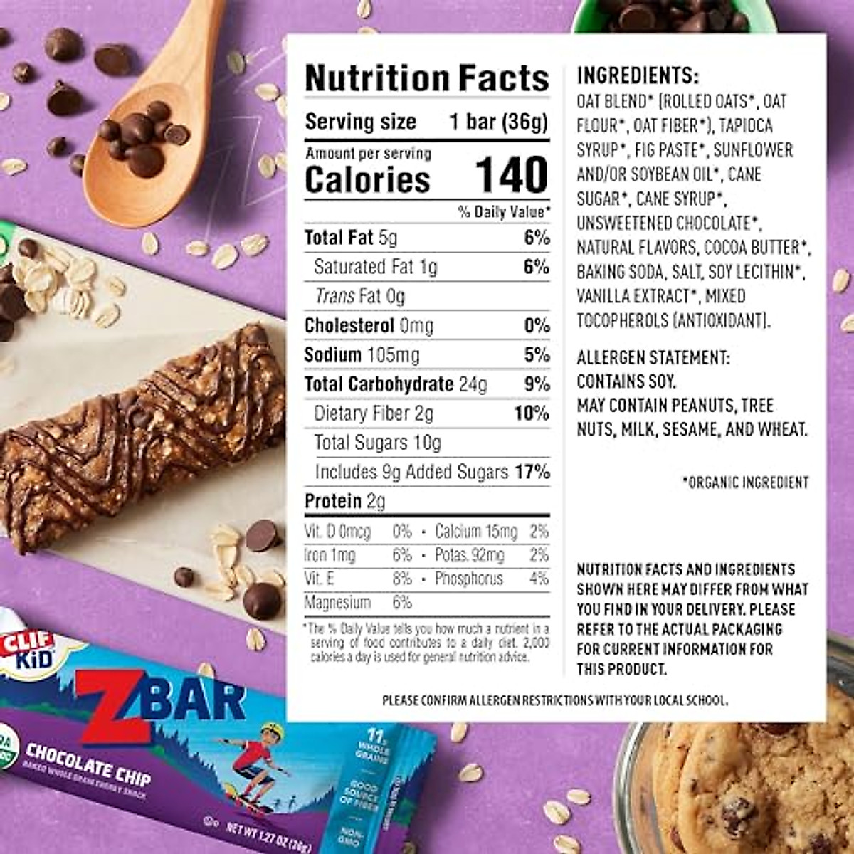 CLIF Kid Zbar - Chocolate Chip - Soft Baked Whole Grain Snack Bars - USDA Organic - Non-GMO - Plant-Based - 1.27 oz. (24 Pack)