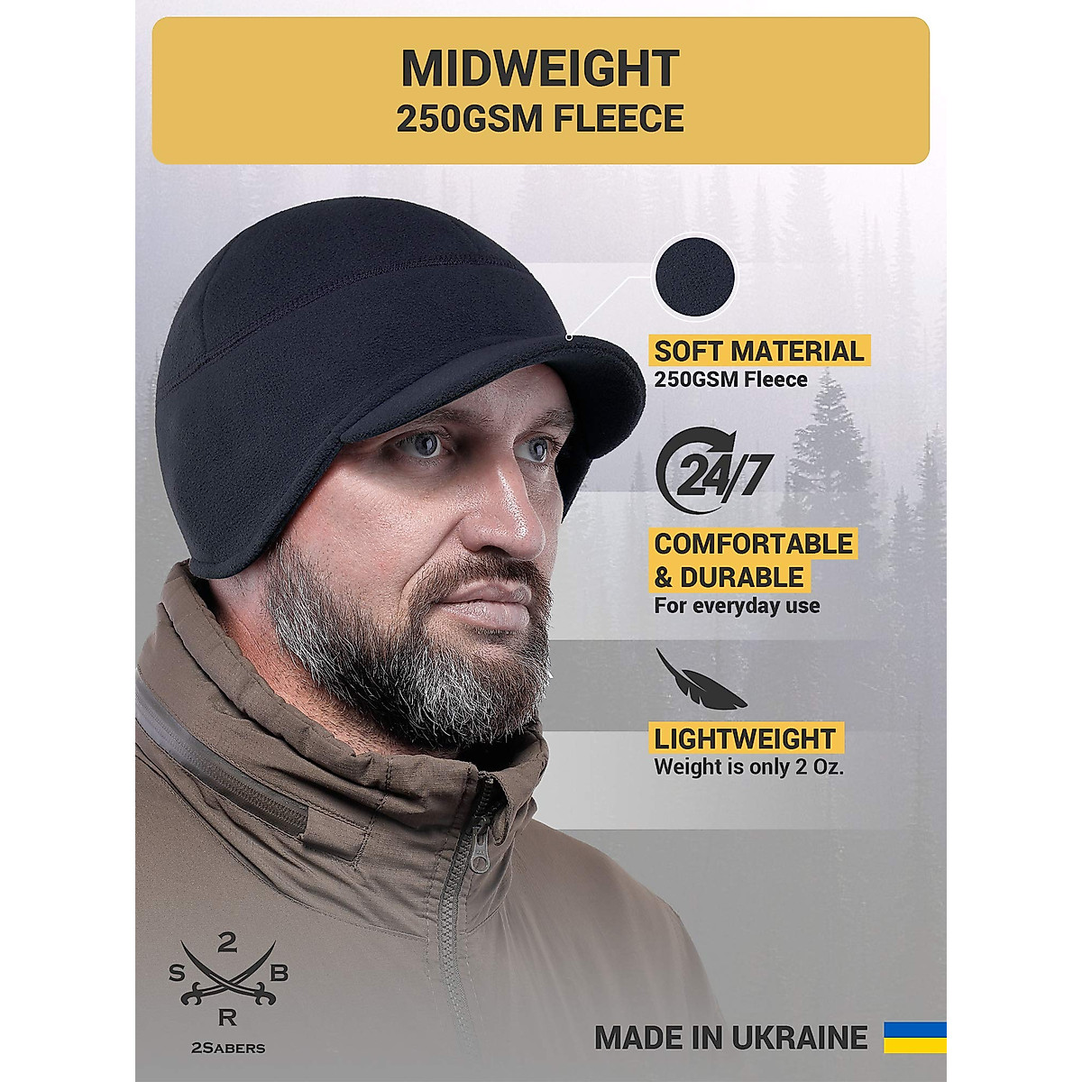 2SBR 2SABERS Fleece Winter Beanie with Visor - Men Women - Earflap Brim Skull Watch Cap Hat Black