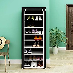 SoSo-BanTian1989 Black 10 Tiers Metal Tube Frame Shoe Rack with Dustproof Cover, 27 Pairs Shoes Cabinet Closet Storage Organizer Tower Shelf
