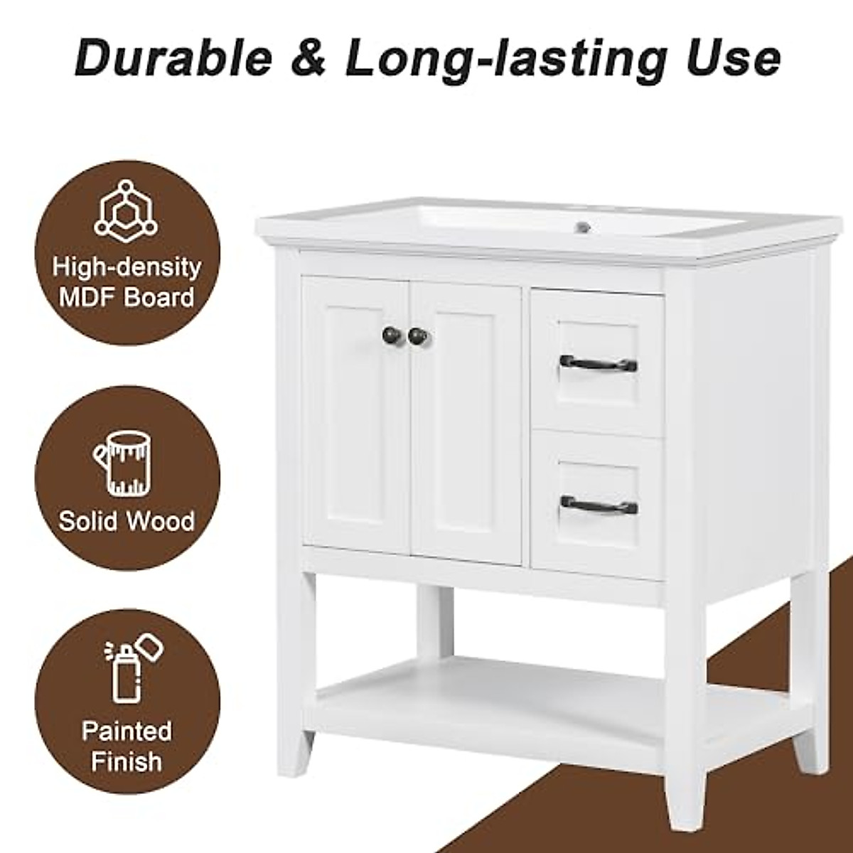 30 Inch Bathroom Vanity Cabinet with Ceramic Sink, Two-in-one Functional Drawer, Sold Wood Legs, White