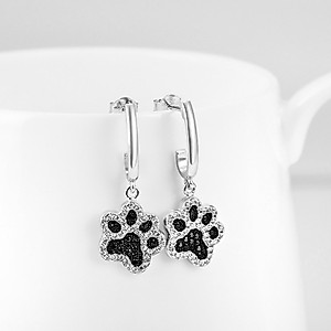 YFN Women Ladies Jewelry 925 Sterling Silver Two-tone Pet Puppy Paw Drop &Dangle Earrings Paw earring Dog Stud Earrings (Dangle Black)