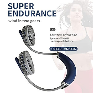 HUIQIMEI Portable Neck Fan Rechargeable Cooling Neck Fan Detachable Electric Personal Fans Independent Switch Control Long Battery Life for Travel Office Household Outdoor Sports (Blue)
