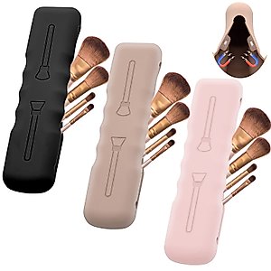 3Pack Travel Silicone Makeup Brush Case Bag Soft Cute Portable Cosmetic Brushes Holders,Waterproof Makeup Brushes Organizer for Traveling with Magnetic Closure-Black,Pink,Khaki