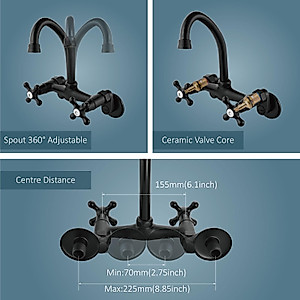 Aolemi Wall Mount Kitchen Faucet 6 Inch Center with Swivel Spout Adjustable Spread 2 Cross Handle Basin Sink Mixer Tap, Matte Black, H&C Label